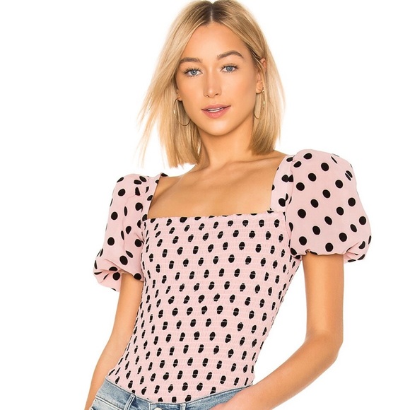 LPA | Tops | Lpa Pink And Black Polka Dot Puff Sleeve Bow Revolve Top ...